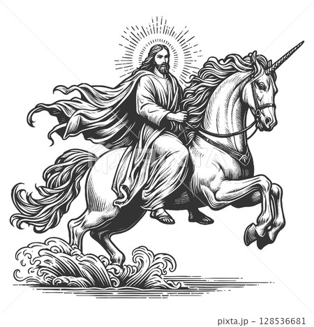 Jesus Riding Unicorn engraving sketch rasterのイラスト素材 [128536681] - PIXTA