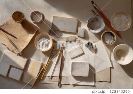 Artisan ceramic workspace with brushes, pigment...のイラスト素材 [128543299 ...