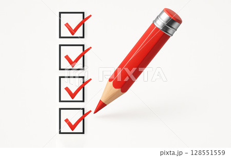 Red pencil ticking off checklist boxes isolated...のイラスト素材 [128551559 ...