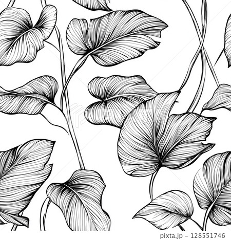 Black and White Line Art of Leaves in Intricate...のイラスト素材 [128551746 ...