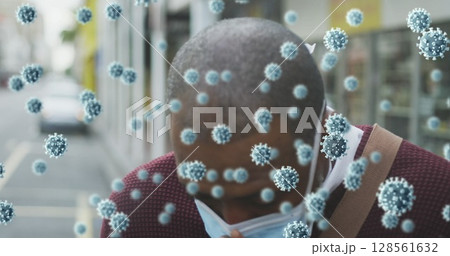 Image of covid 19 cells over man wearing face maskのイラスト素材 [128561632 ...