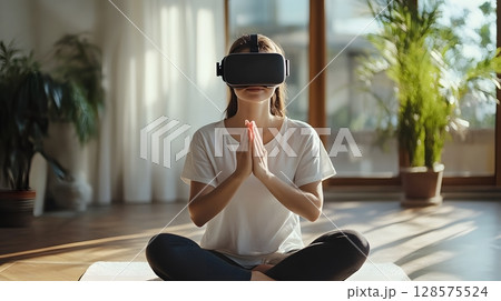 Person doing guided meditation using VR headset...のイラスト素材 [128575524 ...