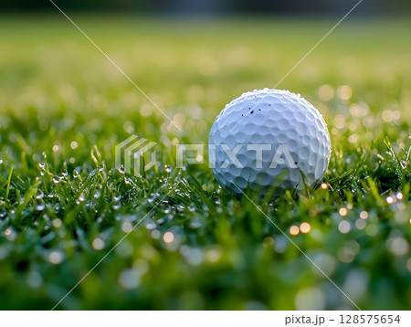 Macro shot of dew drops on golf ball on early...のイラスト素材 [128575654] - PIXTA