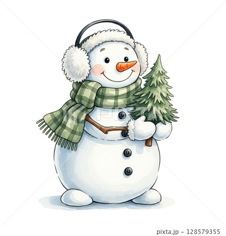 Snowman Holding Christmas Tree in Green Scarfのイラスト素材 [128579355] - PIXTA