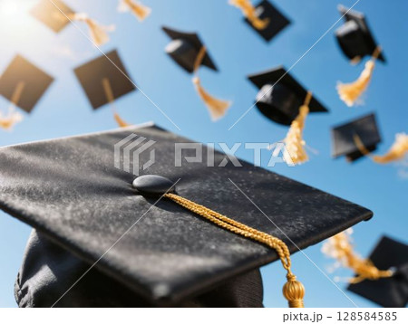 Graduation caps flying against bright blue skyのイラスト素材 [128584585] - PIXTA
