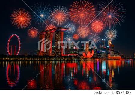 Spectacular fireworks display over Marina Bay...のイラスト素材 [128586388] - PIXTA