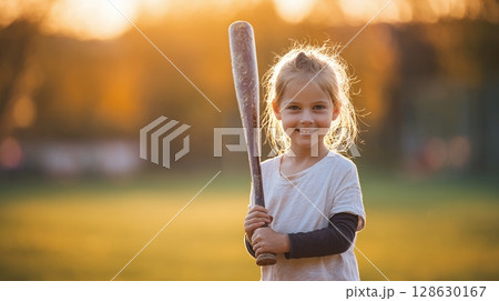 Girl with baseball bat smiles outdoors, bathed...のイラスト素材 [128630167 ...