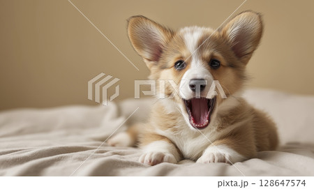 Cute corgi puppy is sitting on bed with its...のイラスト素材 [128647574] - PIXTA