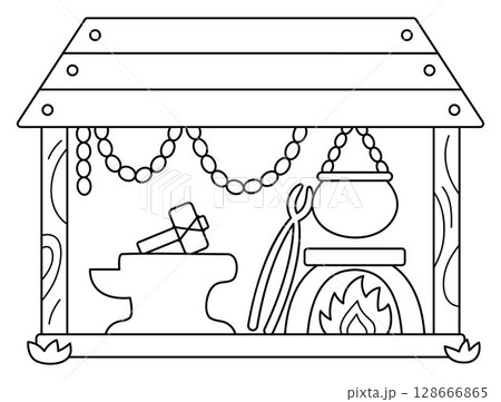 Vector black and white forge line icon. Smithy...のイラスト素材 [128666865 ...