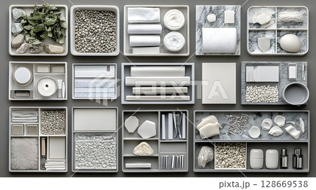 Organized objects in grey containers neutral...のイラスト素材 [128669538] - PIXTA