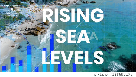 Image of rising sea levels over financial graph...のイラスト素材 [128691176 ...