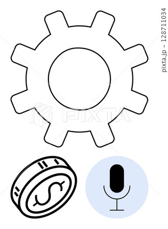 Gear cog, dollar coin, and microphone symbol on...のイラスト素材 [128711034 ...