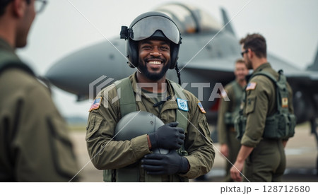 Smiling Military Pilot Preparing for Flight...のイラスト素材 [128712680] - PIXTA