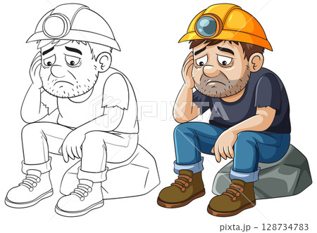 Sad Miner Sitting on Rock in Vector Styleのイラスト素材 [128734783] - PIXTA