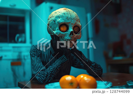 Skeleton with tangerines in eyes sits at table...のイラスト素材 [128744099 ...