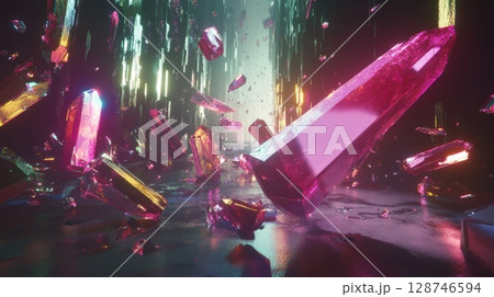 Abstract colorful crystal shards, glowing neon...のイラスト素材 [128746594 ...