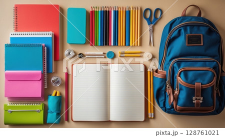 School Supplies Flat Lay on Neutral Backgroundのイラスト素材 [128761021] - PIXTA