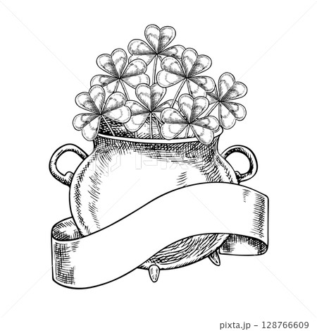 Cast iron pot with a shamrock for St. Patrick s...のイラスト素材 [128766609 ...