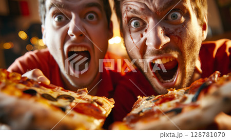 Exuberant fans screaming with pizza slices.のイラスト素材 [128781070] - PIXTA