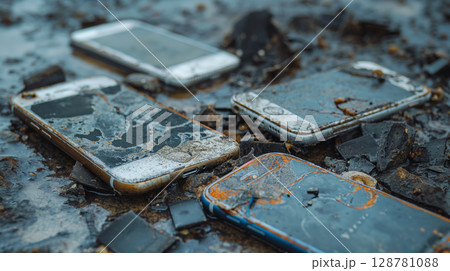 Discarded smartphones lying in the mud.のイラスト素材 [128781088] - PIXTA
