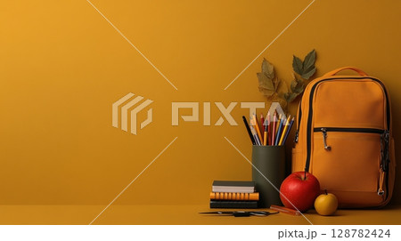 School Supplies Flat Lay on Neutral Backgroundのイラスト素材 [128782424] - PIXTA