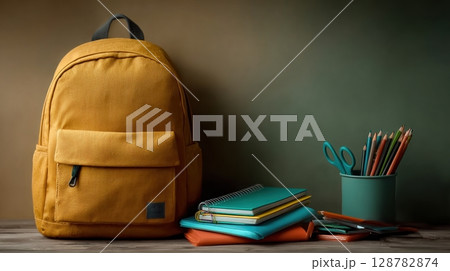 School Supplies Flat Lay on Neutral Backgroundのイラスト素材 [128782874] - PIXTA