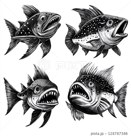 Black and white fish illustration, Four...のイラスト素材 [128787386] - PIXTA