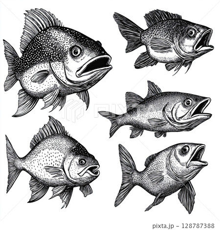 Black and white fish illustration, Four...のイラスト素材 [128787388] - PIXTA