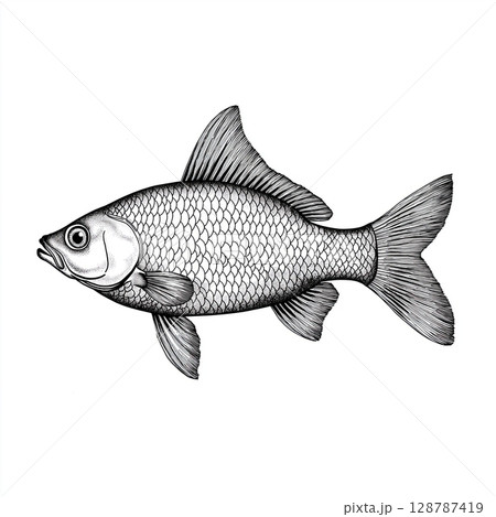 Black and white fish drawing, Line art of side...のイラスト素材 [128787419 ...