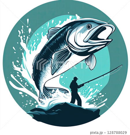 Fishing scene logo design, Emblem with blue and...のイラスト素材 [128788029 ...