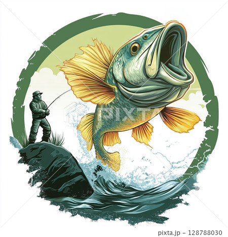 Fishing scene logo design, Emblem with green...のイラスト素材 [128788030] - PIXTA