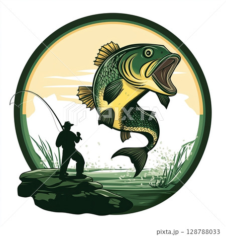 Fishing scene logo design, Emblem with green...のイラスト素材 [128788033] - PIXTA