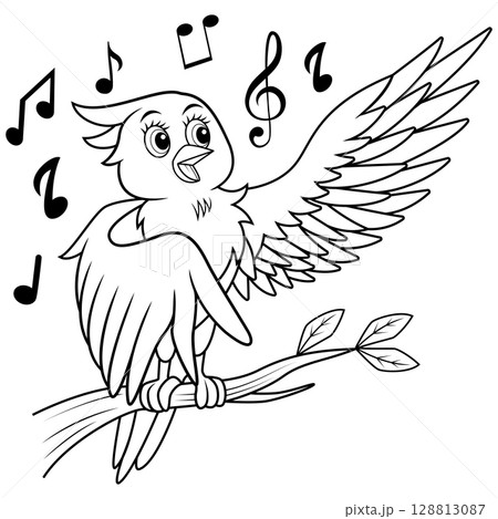 Cartoon blue bird singing on tree branch line artのイラスト素材 [128813087 ...