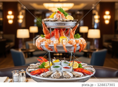 Luxurious seafood tower with lobster shrimp and...のイラスト素材 [128817301 ...