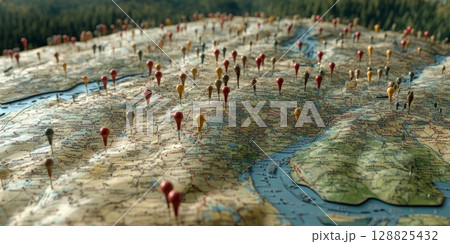 Terrain map scattered with red and blue pins,...のイラスト素材 [128825432] - PIXTA