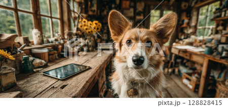 Corgi in cozy home office with wooden desk and...のイラスト素材 [128828415 ...
