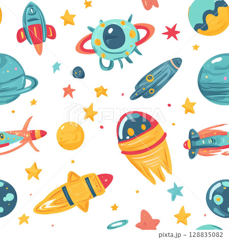 A seamless pattern of colorful cartoon space...のイラスト素材 [128835082] - PIXTA