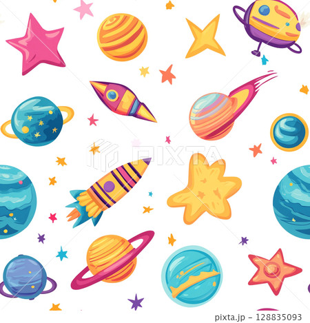 A seamless pattern of colorful cartoon space...のイラスト素材 [128835093] - PIXTA