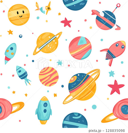 A seamless pattern of colorful cartoon space...のイラスト素材 [128835098] - PIXTA