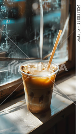An iced coffee on a sunny window ledge looks...のイラスト素材 [128837854] - PIXTA