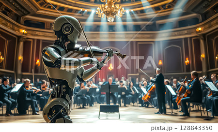 On stage, a futuristic robot plays the violin...のイラスト素材 [128843350] - PIXTA