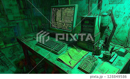 Retro Green Computer Setup in a Dimly Lit Roomのイラスト素材 [128849586] - PIXTA