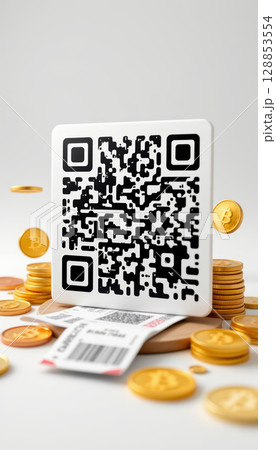 QR code surrounded by golden coins, symbolizing...のイラスト素材 [128853554 ...