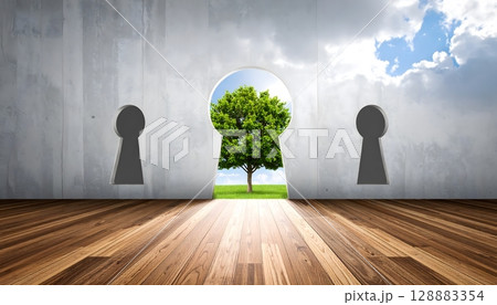 Keyhole Exit Revealing a Lush Tree on Wooden Floorのイラスト素材 [128883354 ...