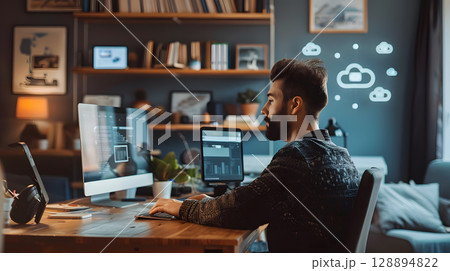Produce a stock image of a remote worker at homeのイラスト素材 [128894822] - PIXTA