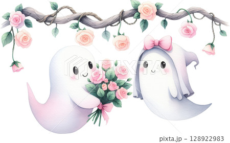 Two cute ghost characters embracing surrounded...のイラスト素材 [128922983 ...