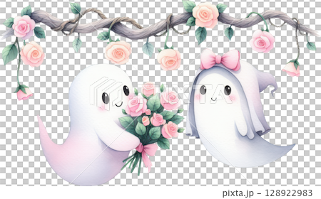 Two cute ghost characters embracing surrounded...のイラスト素材 [128922983 ...