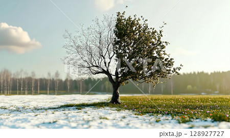 Tree changing from winter to spring showing...のイラスト素材 [128927727] - PIXTA
