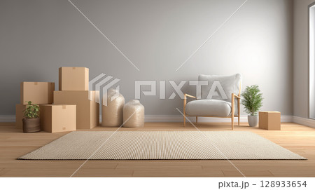 Empty room with boxes and basic furnitureのイラスト素材 [128933654] - PIXTA