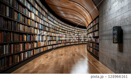 curved library wall with wooden shelves and...のイラスト素材 [128966161] - PIXTA